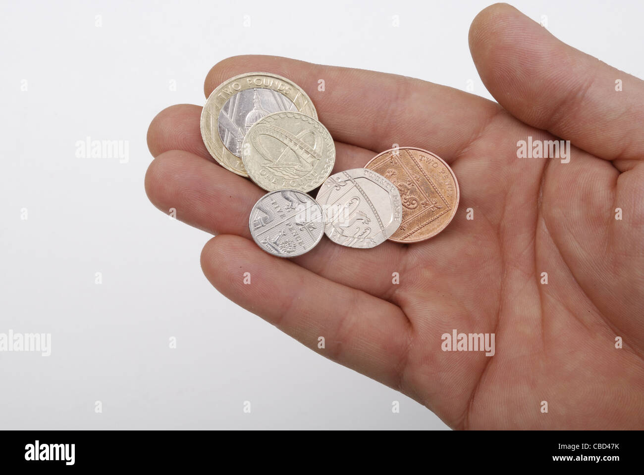 English pound coins on one hand hand Stock Photo - Alamy