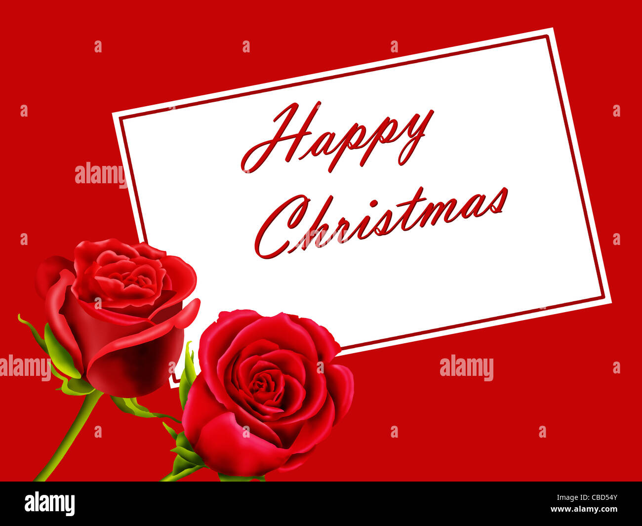 Happy Christmas card on a card with red roses and a red background ...