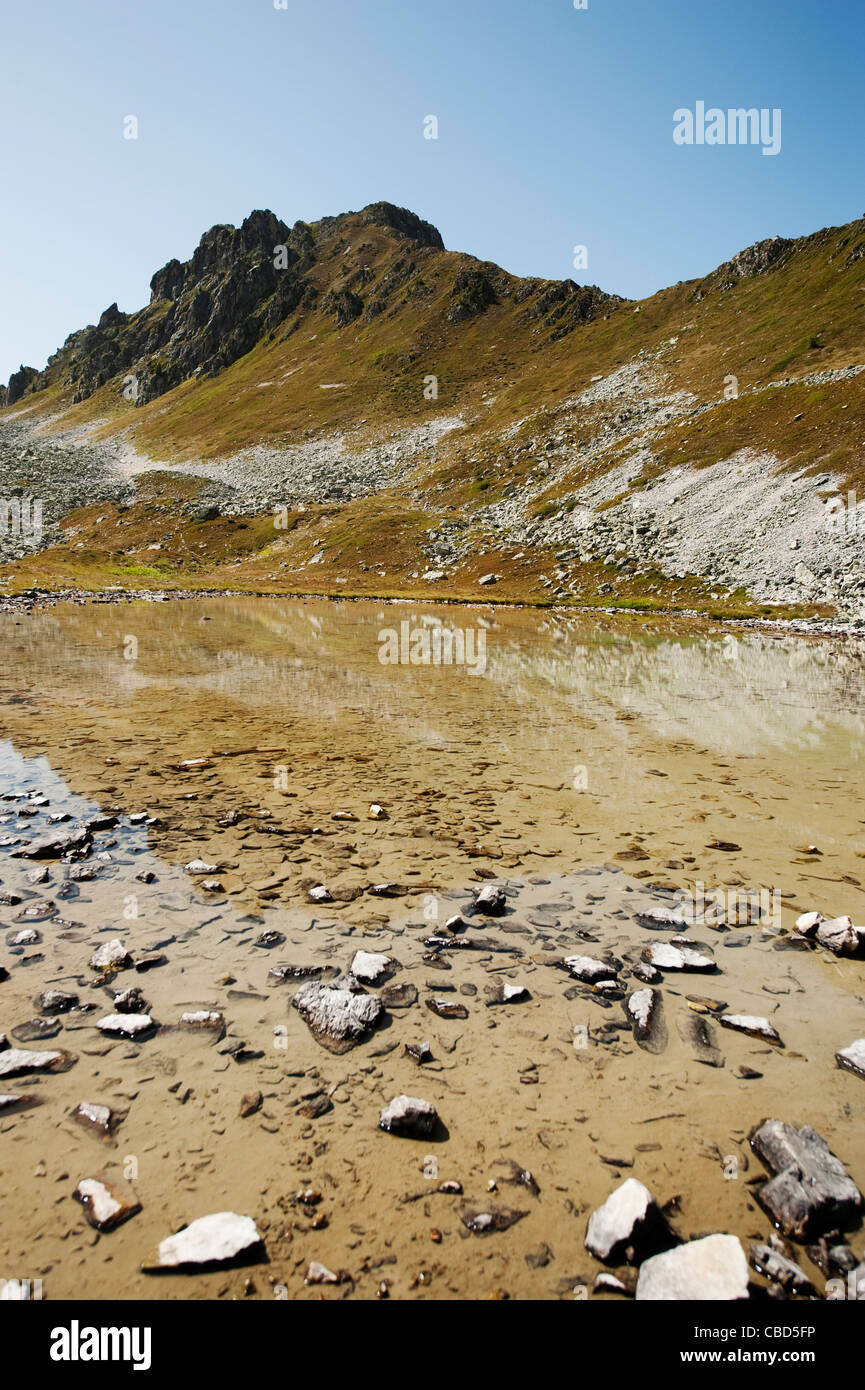 Lac des Inversens below Roche de Mio in the French alps above La Plagne ...