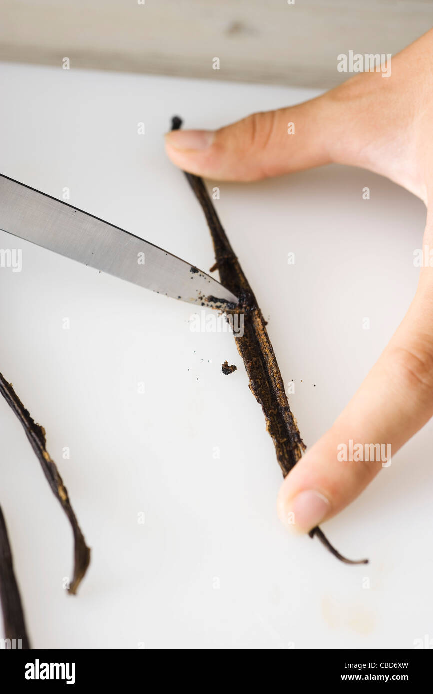 Removing seeds from vanilla pod Stock Photo - Alamy