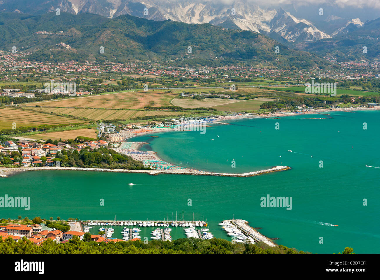 View of the mouth of the Magra River and Apennine Mountains over ...