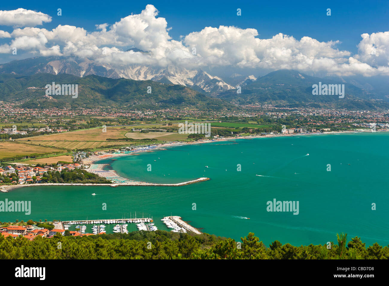 View of the mouth of the Magra River and Apennine Mountains over ...