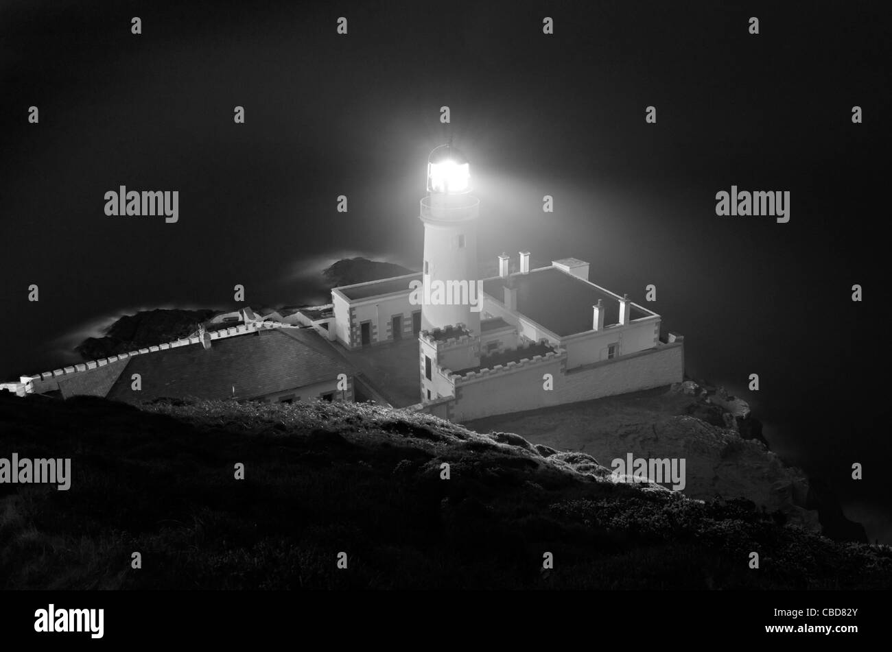 Spooky Douglas Head Lighthouse at Night on the Isle of Man. Black and ...
