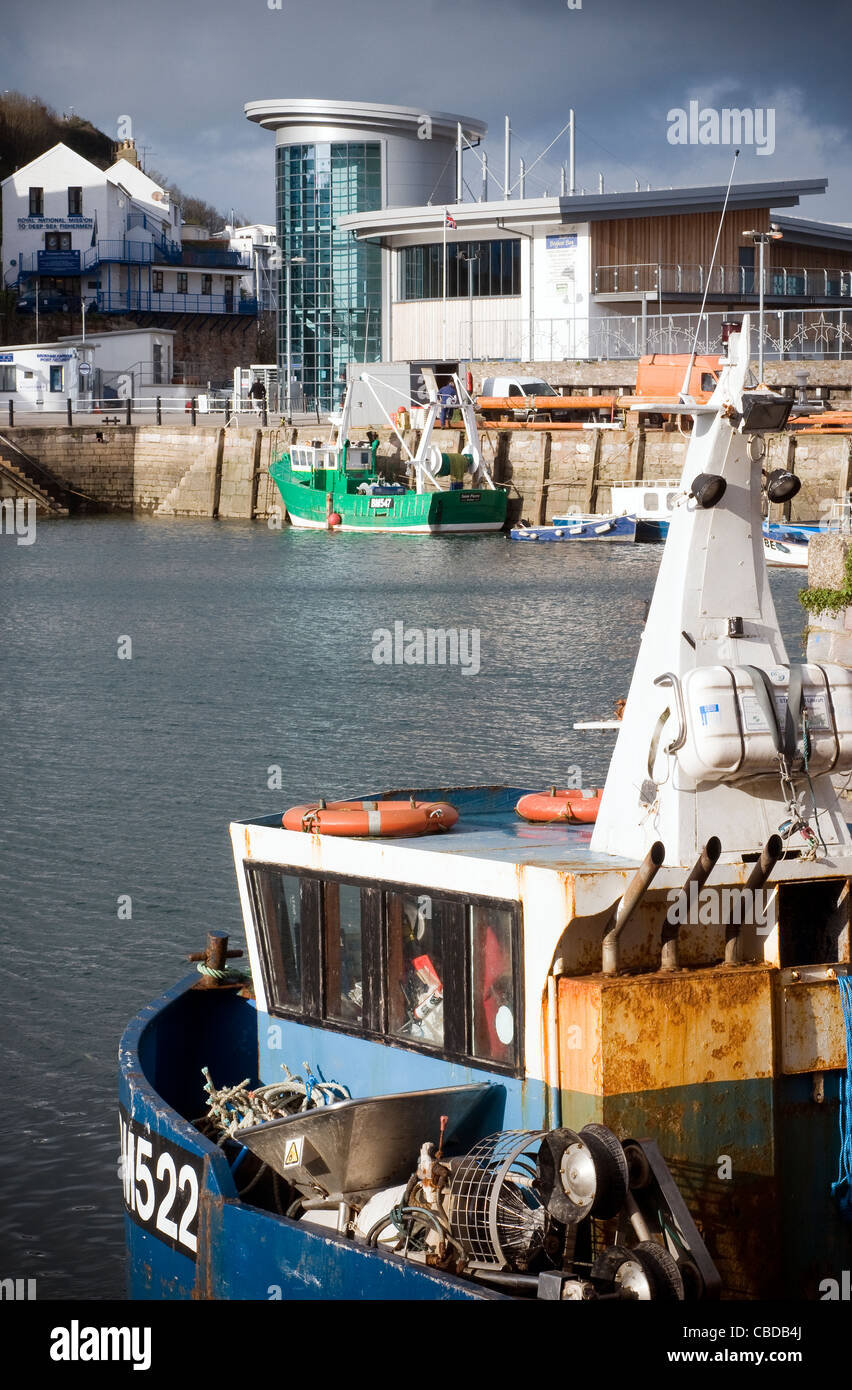 Brixham Harbour with fish market in background,Trawler Bm522 in Brixham ...