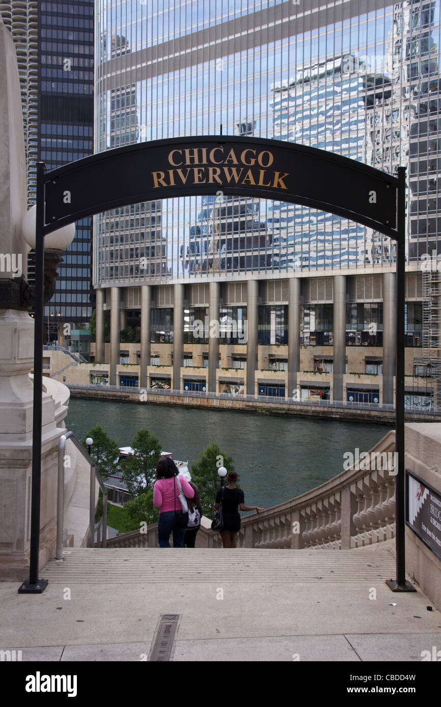 Chicago Riverwalk entrance Wacker Drive and Michigan Avenue, two women ...