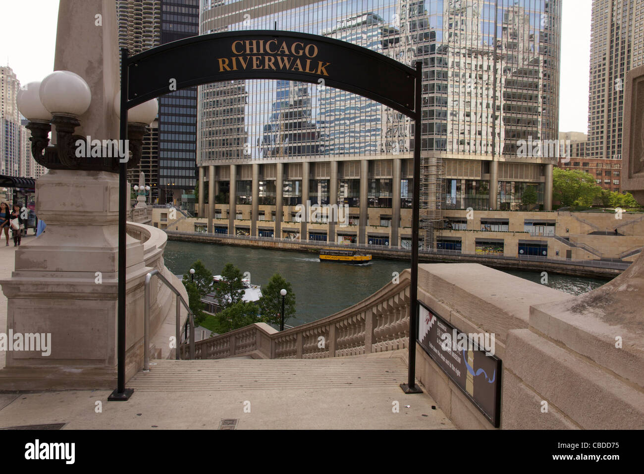 Chicago Riverwalk entrance and stairway at Wacker Drive and Michigan ...