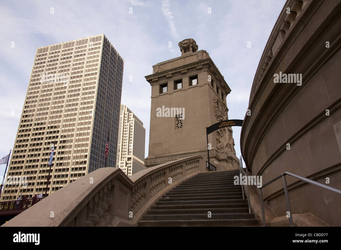 Chicago Riverwalk stairway at Wacker Drive and Michigan Avenue Stock ...