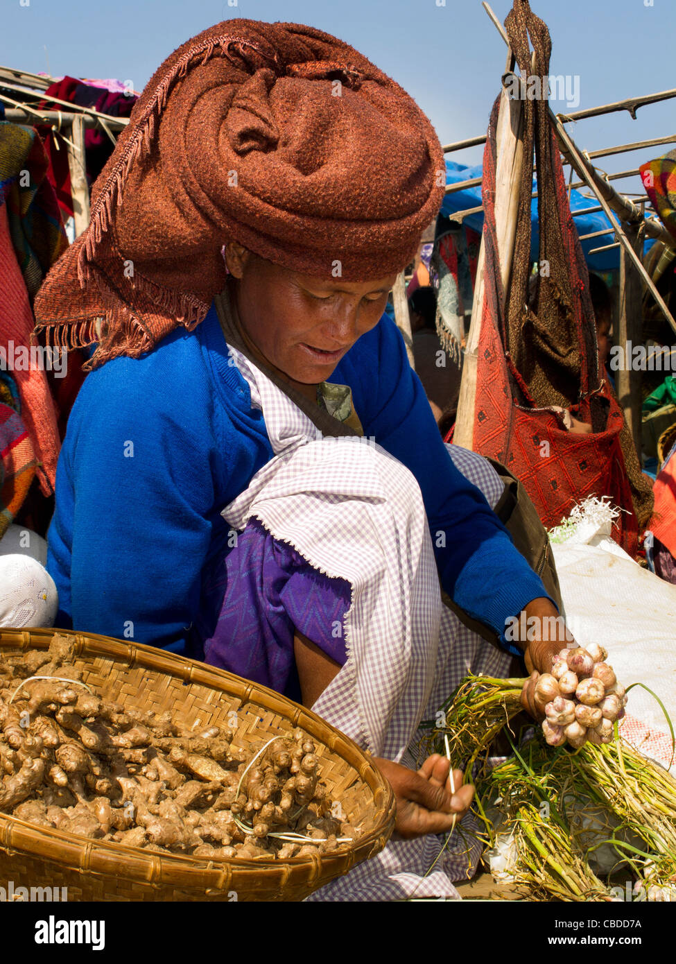 India, Meghalaya, Jaintia Hills, Ummulong Bazar, Khasi woman garlic and ...