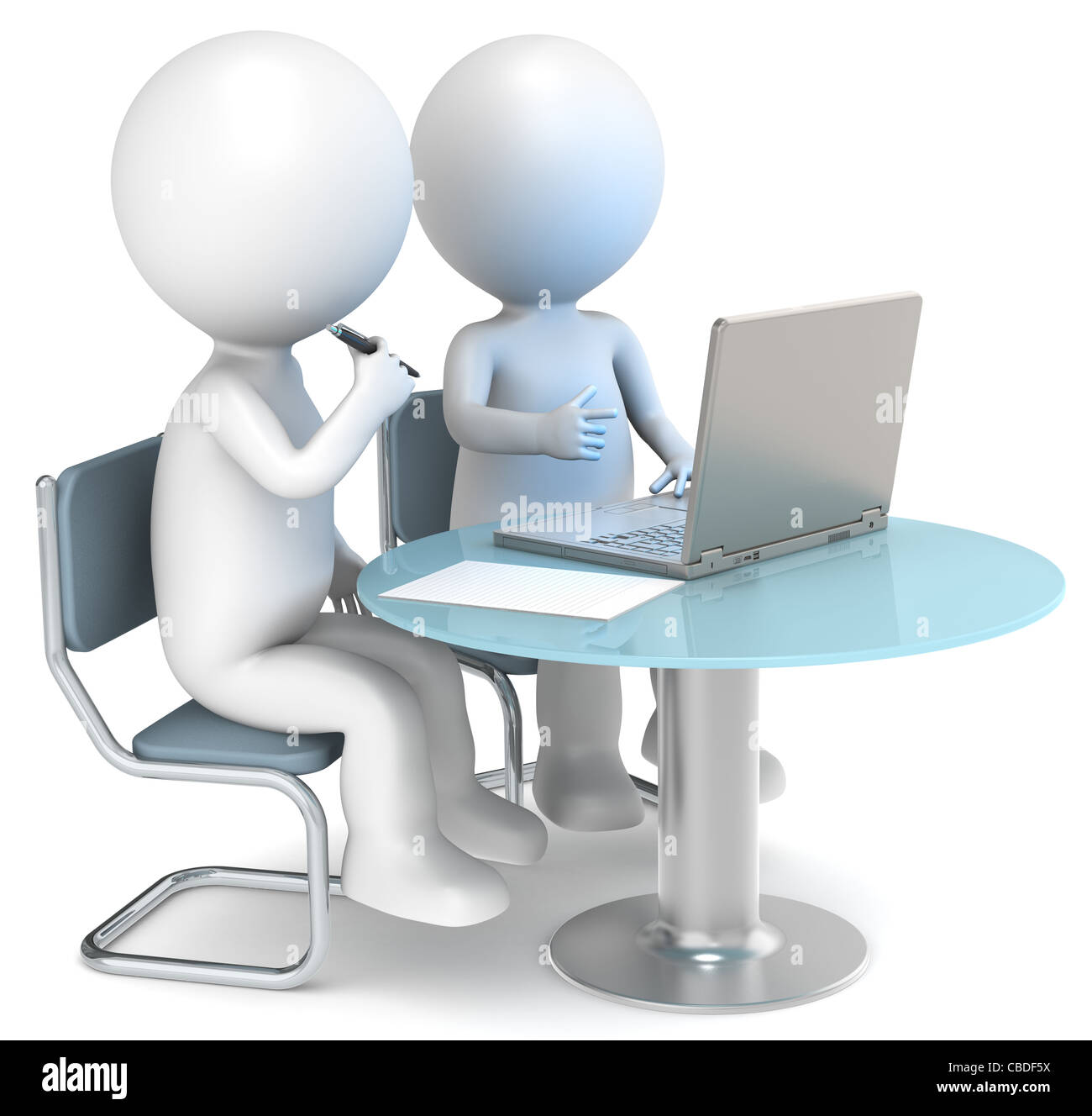 3D little human characters X2 working together with a laptop. Business ...