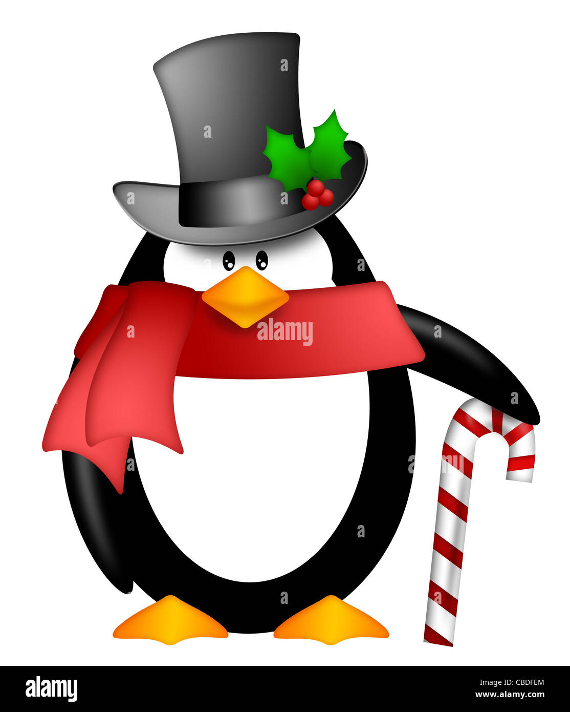 Cute Cartoon Penguin with Top Hat Red Scarf and Candy Cane Illustration ...