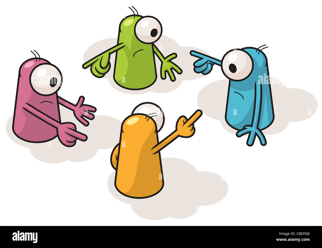 Four colorful creatures solving a confusing situation. Pointing at each ...
