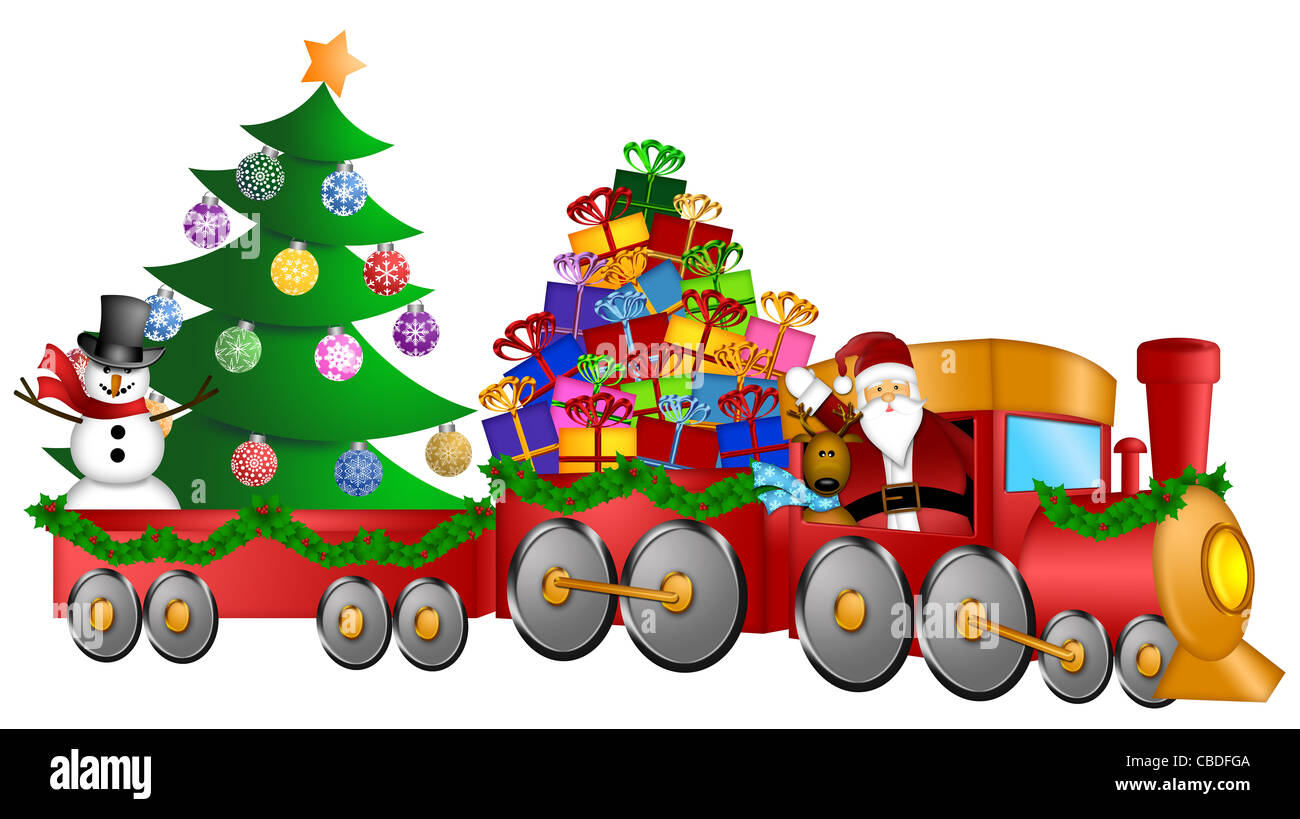 Santa Claus and Reindeer Delivering Gifts in Red Train with Snowman and ...