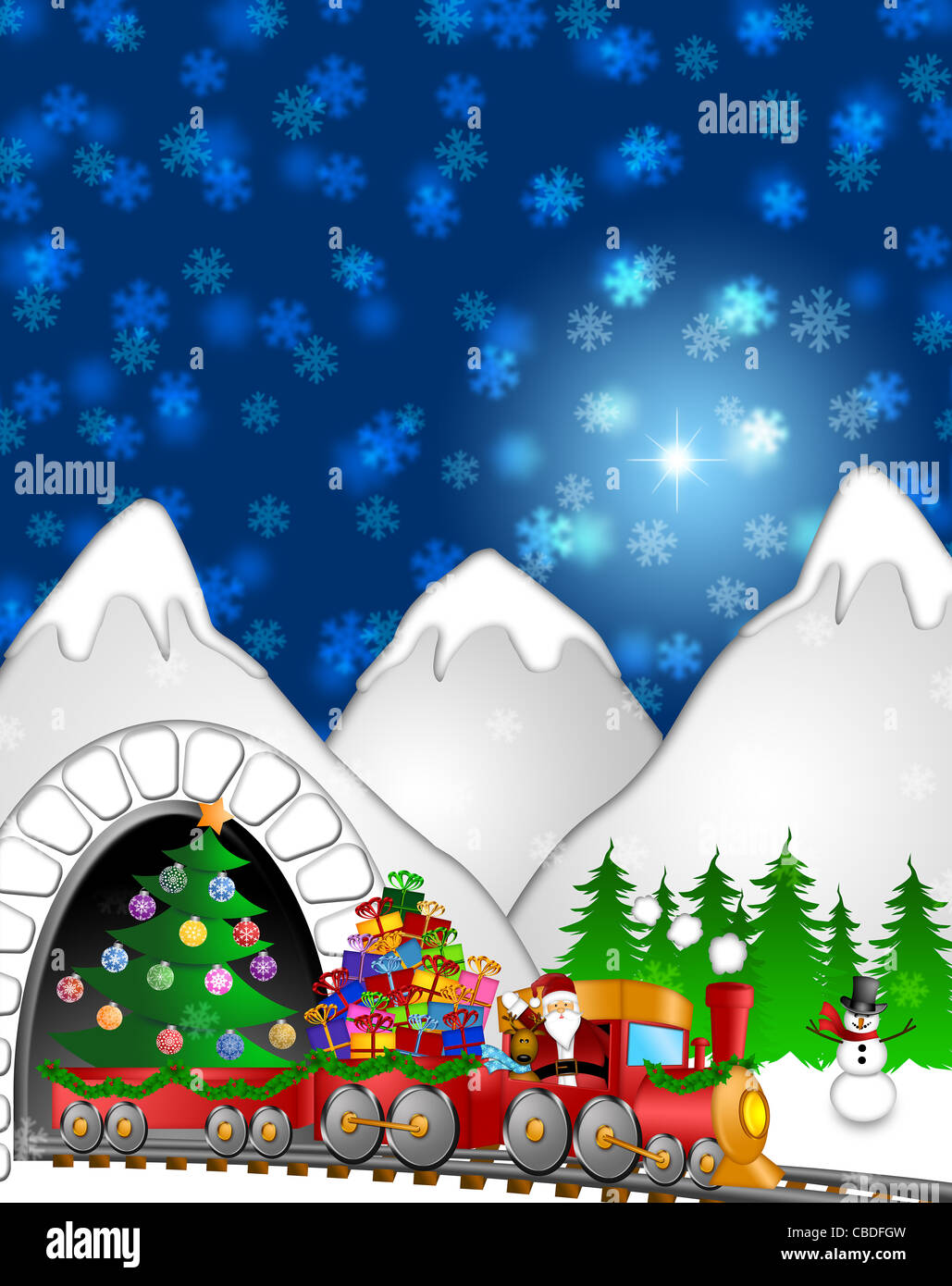 Santa Claus and Reindeer Delivering Gifts in Red Train with Snowman and ...