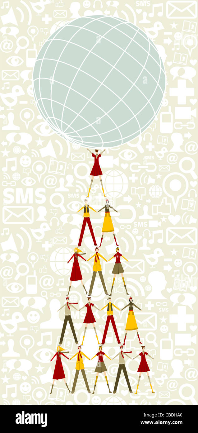 Pyramid as Christmas tree of people holding the world with social icons ...