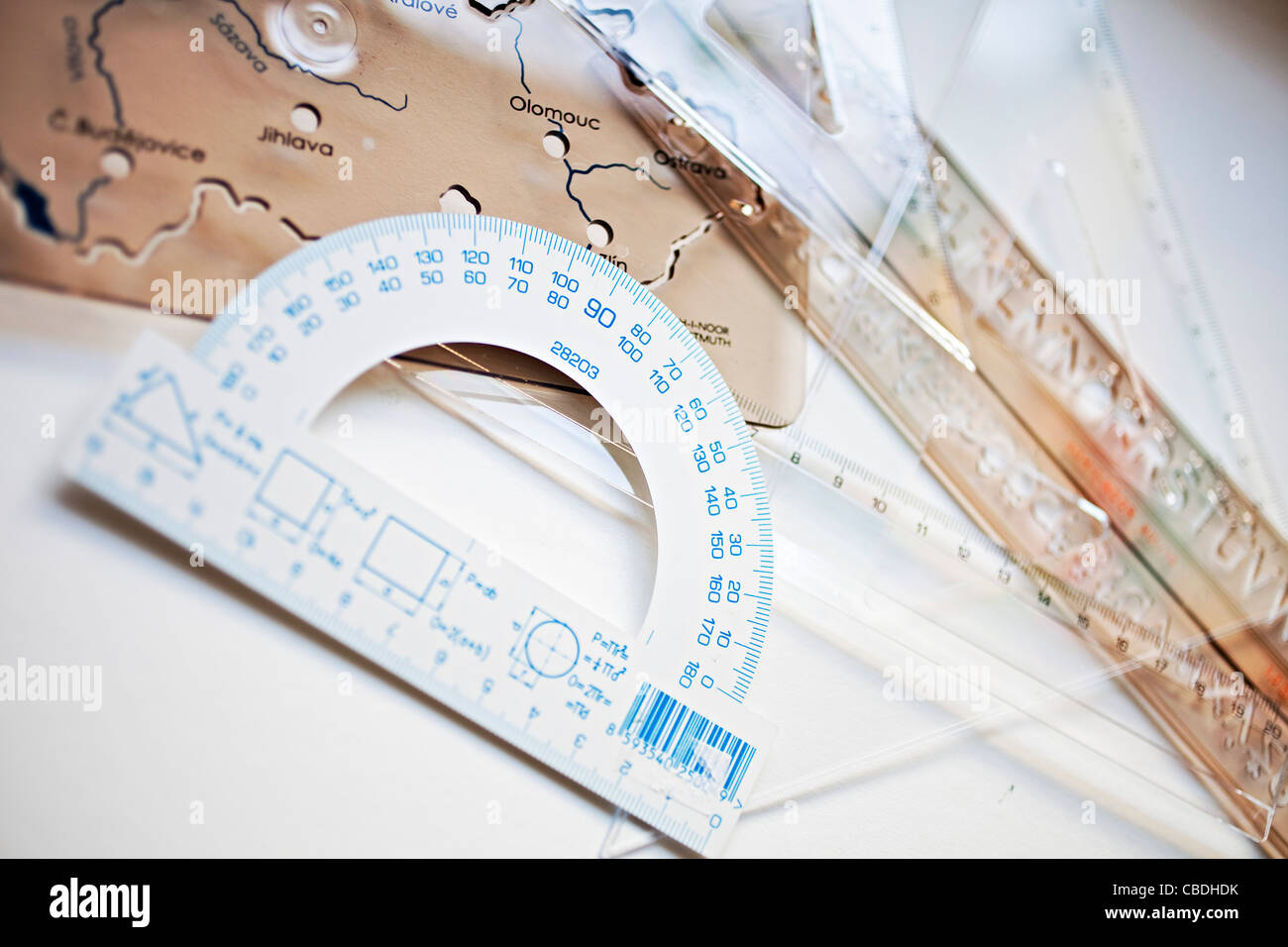 Rule, ruler, triangle, protractor. Drafting implements, geometry Stock ...