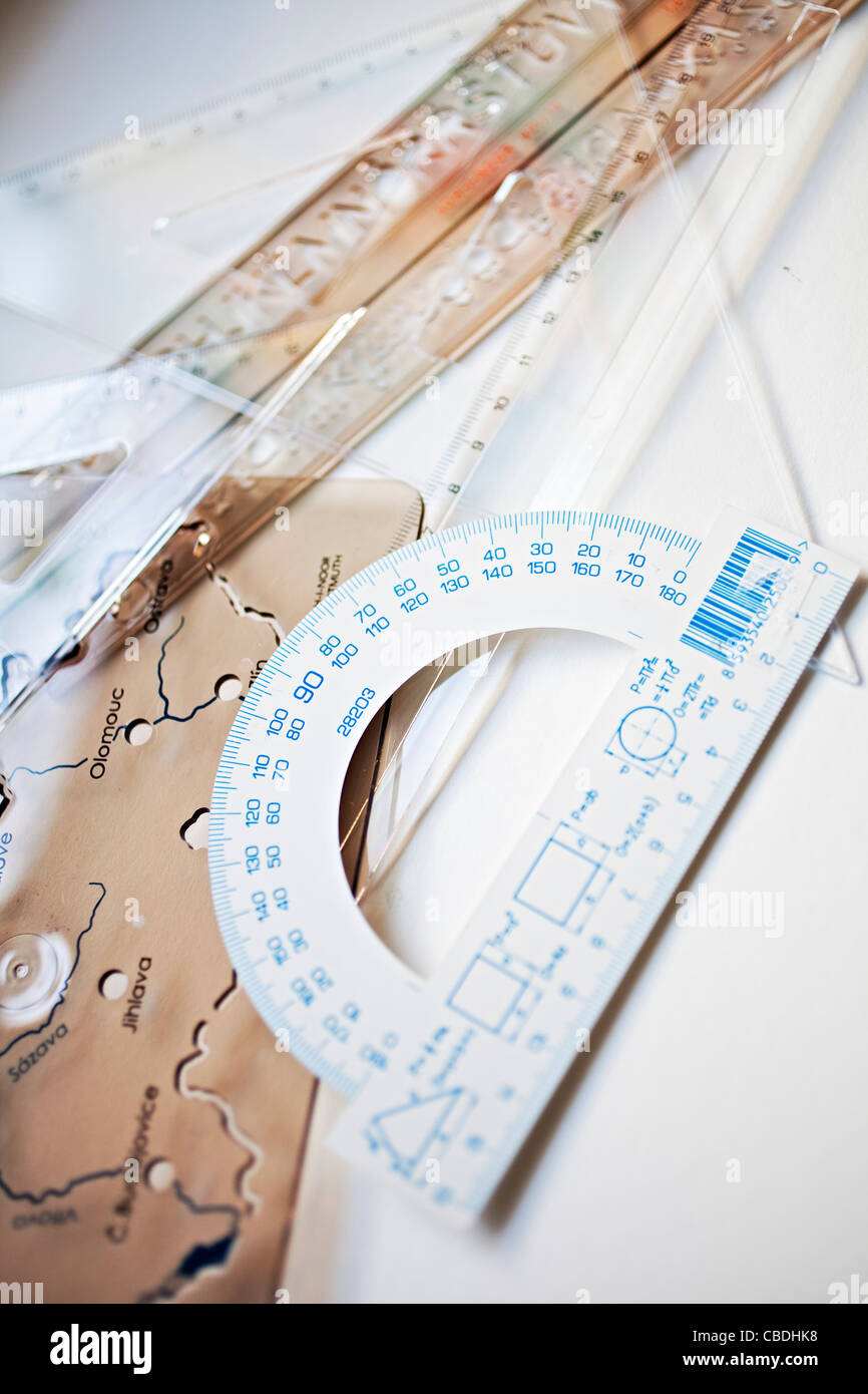 Rule, ruler, triangle, protractor. Drafting implements, geometry Stock ...