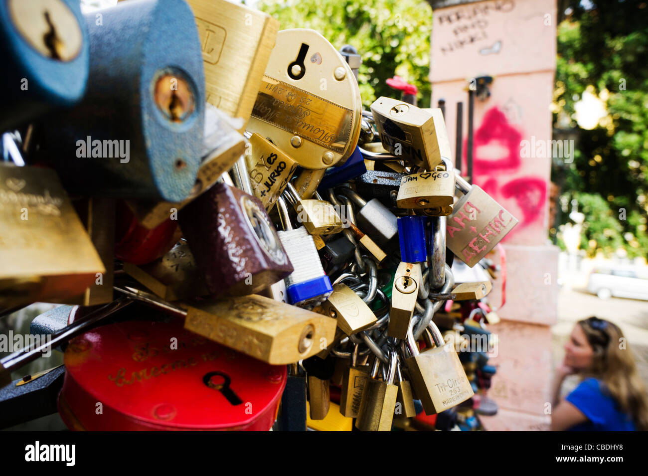 Locked padlocks as a symbol of love near to Certovka on Vltava river ...