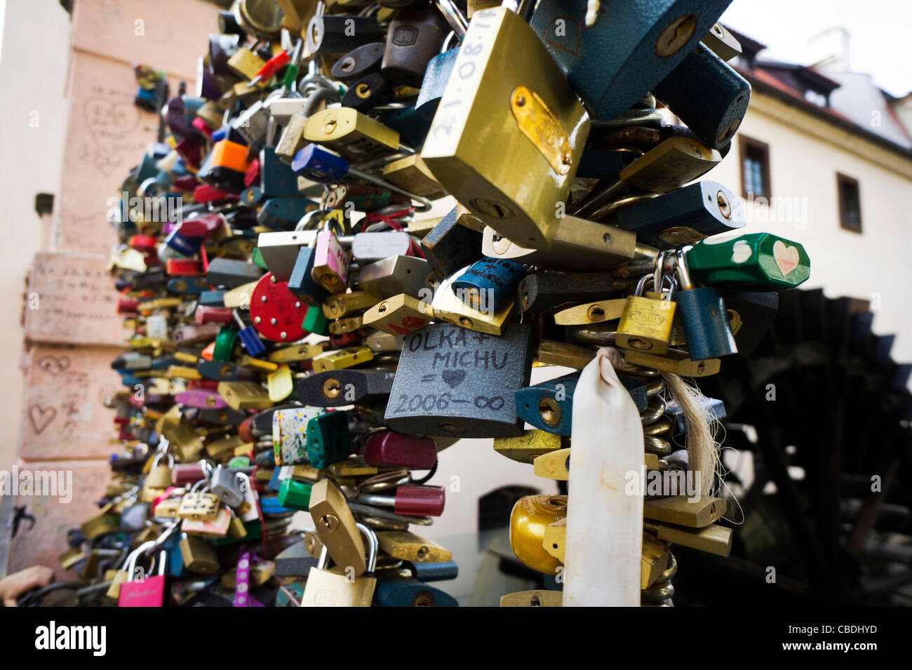 Locked padlocks as a symbol of love near to Certovka on Vltava river ...