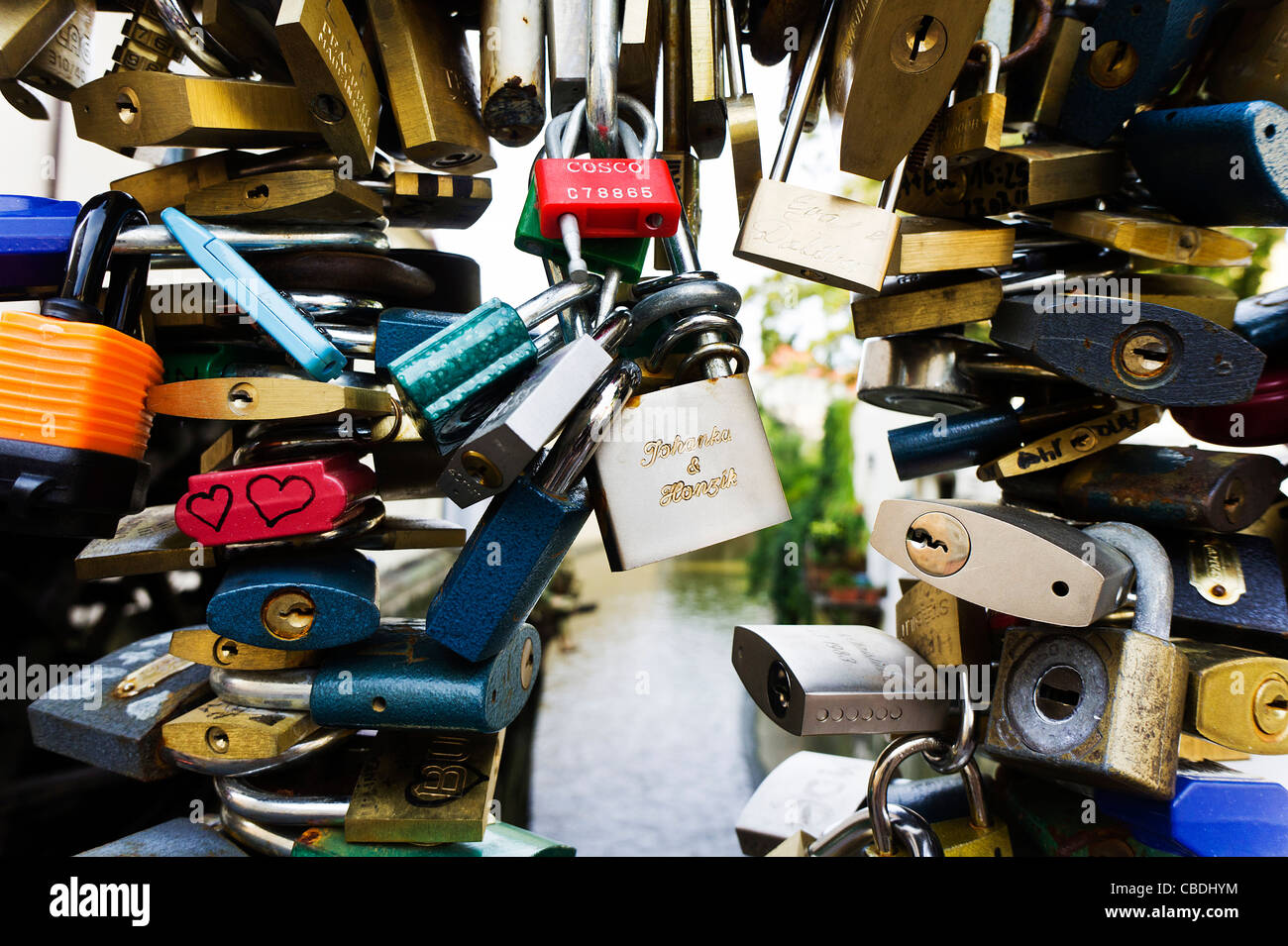 Locked padlocks as a symbol of love near to Certovka on Vltava river ...