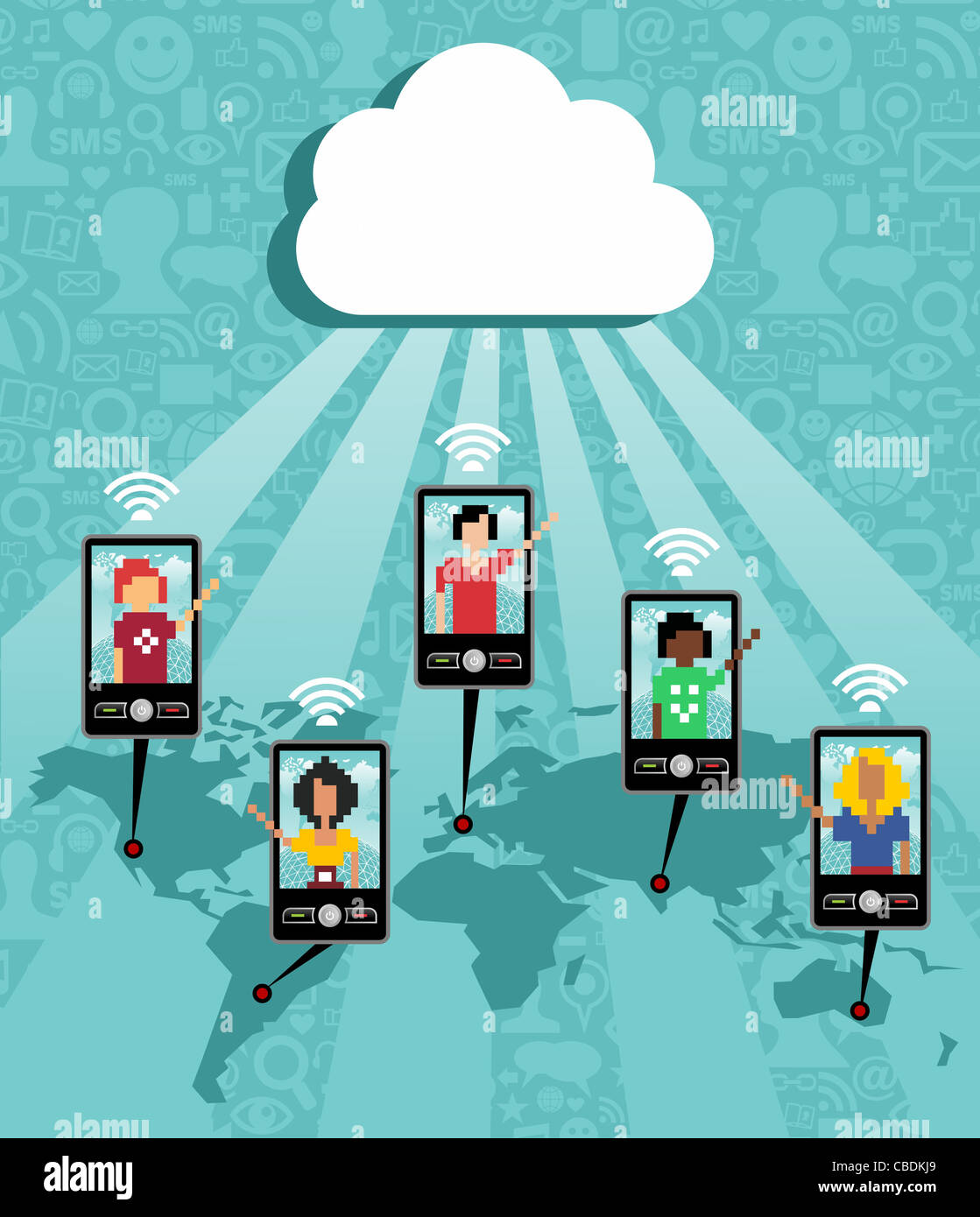 Cloud computing social team under cloud with cell phone connection on ...