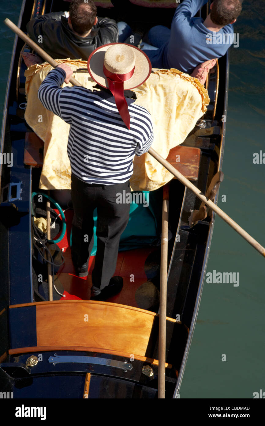 Straw hatted gondolier from above on canal in Venice Stock Photo - Alamy