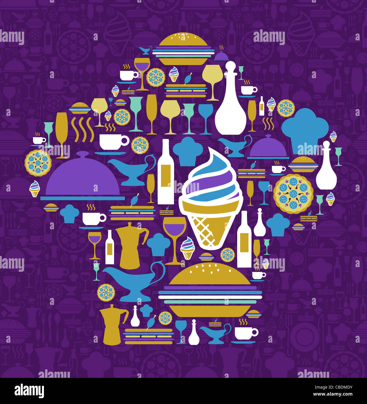 Chef hat shape made with gourmet icon set on violet background. Vector ...
