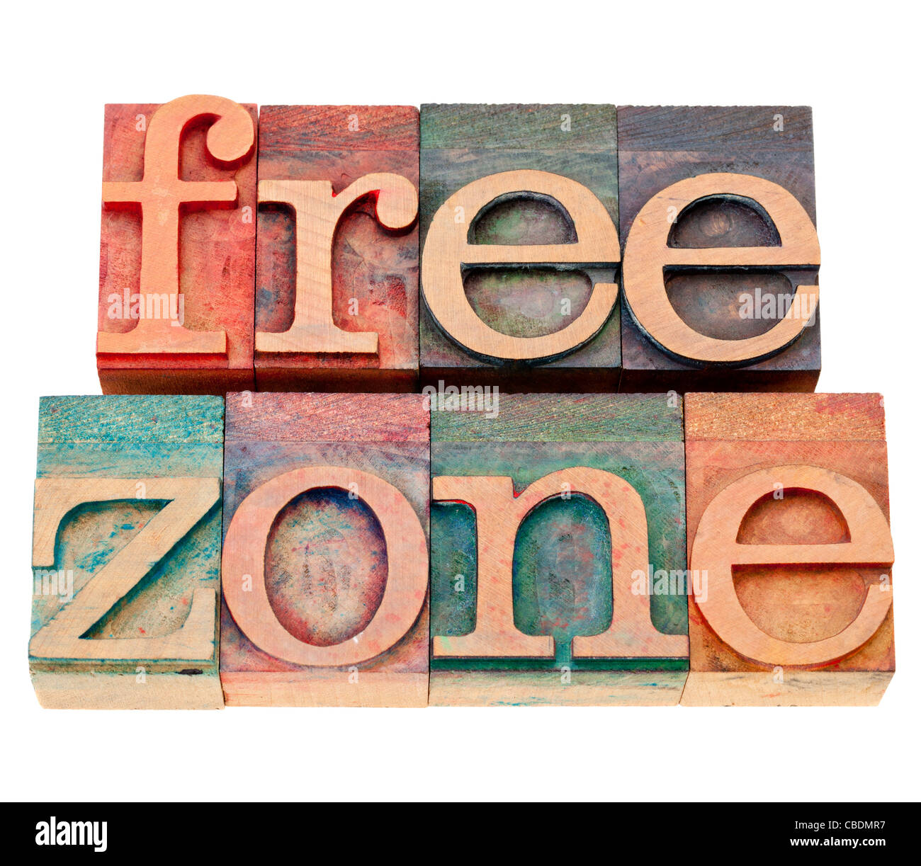 free zone - isolated text in vintage wood letterpress type Stock Photo ...