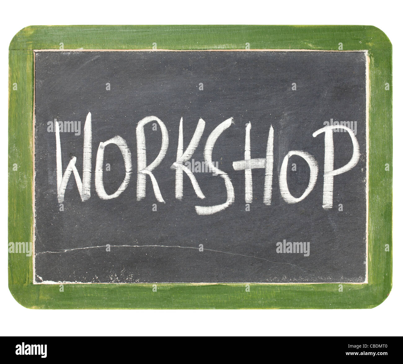 workshop word in white chalk handwriting on a vintage slate blackboard ...
