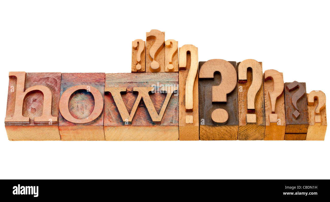 how question - isolated vintage wood letterpress printing blocks with ...