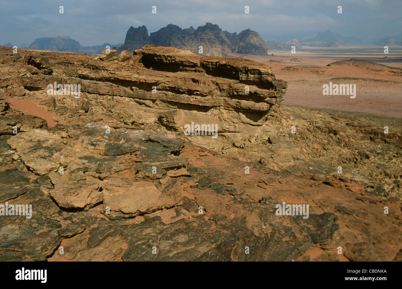 The red sandy rocks and dunes of Wadi Rum, a desert in the south of ...
