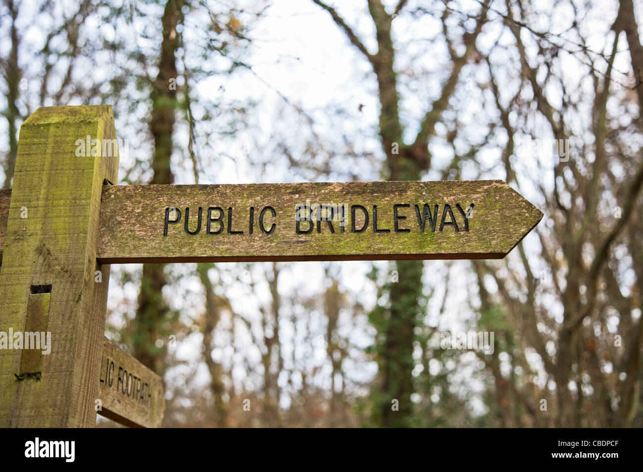 Traditional wooden finger post pointing right to public bridleway near ...