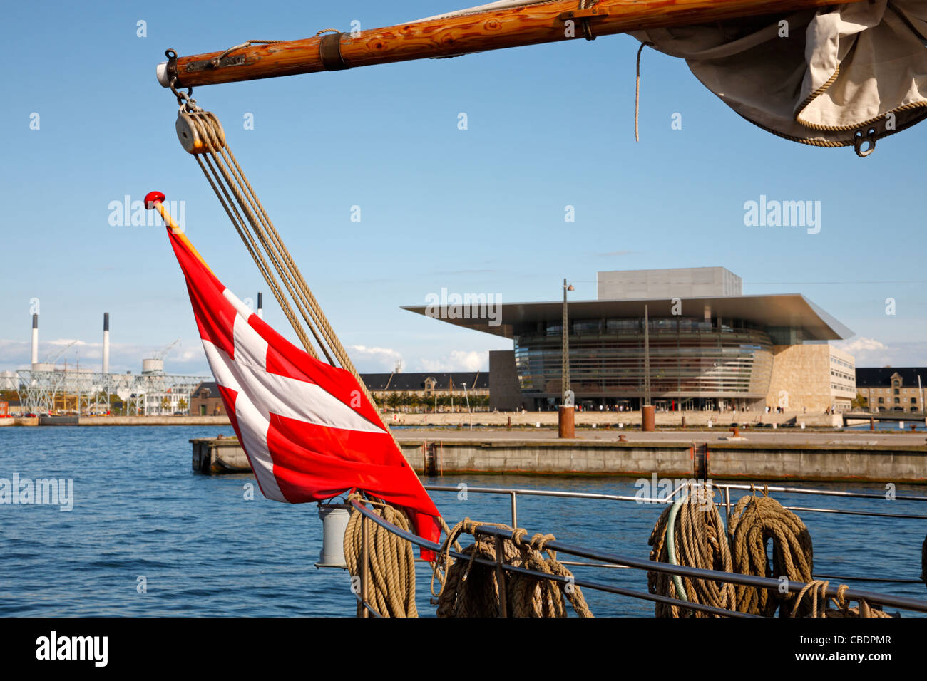 The Royal Opera House on the waterfront on Holmen seen through the rig ...