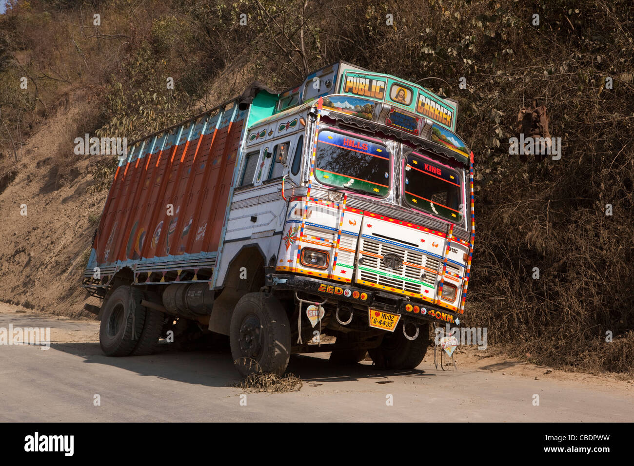 India, Manipur, transport, truck with broken back axle broken down on ...