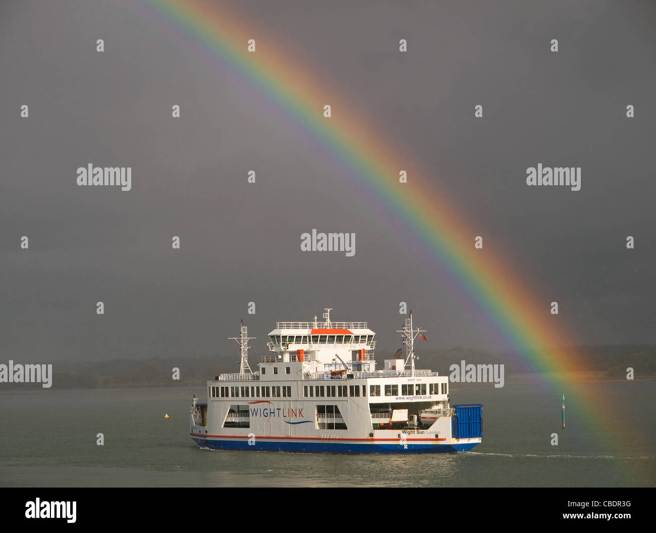 Rainbow over Wightlink car ferry Wight Sun en route from Yarmouth Isle ...