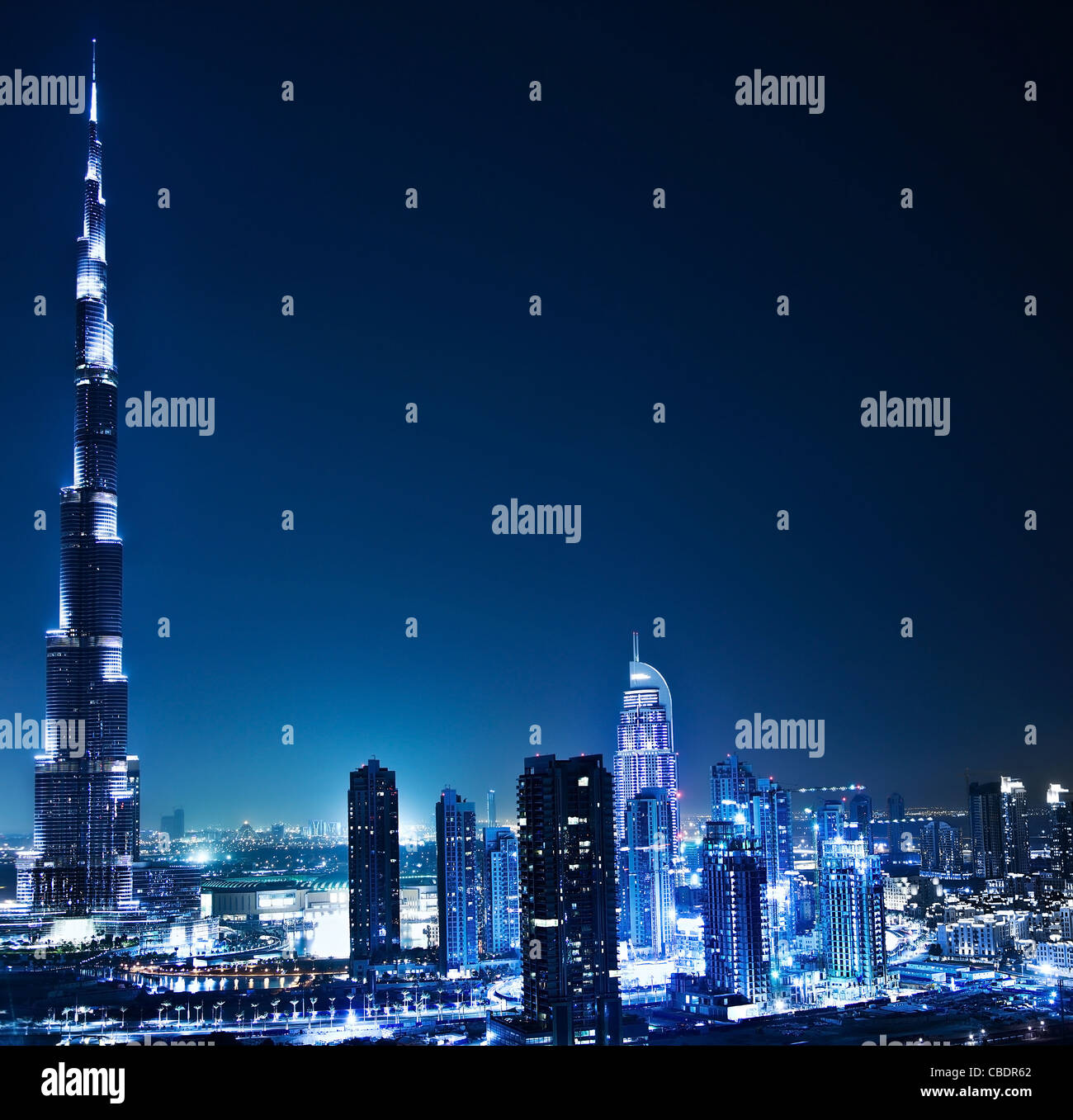 Dubai downtown night scene with city lights, luxury new high tech town ...