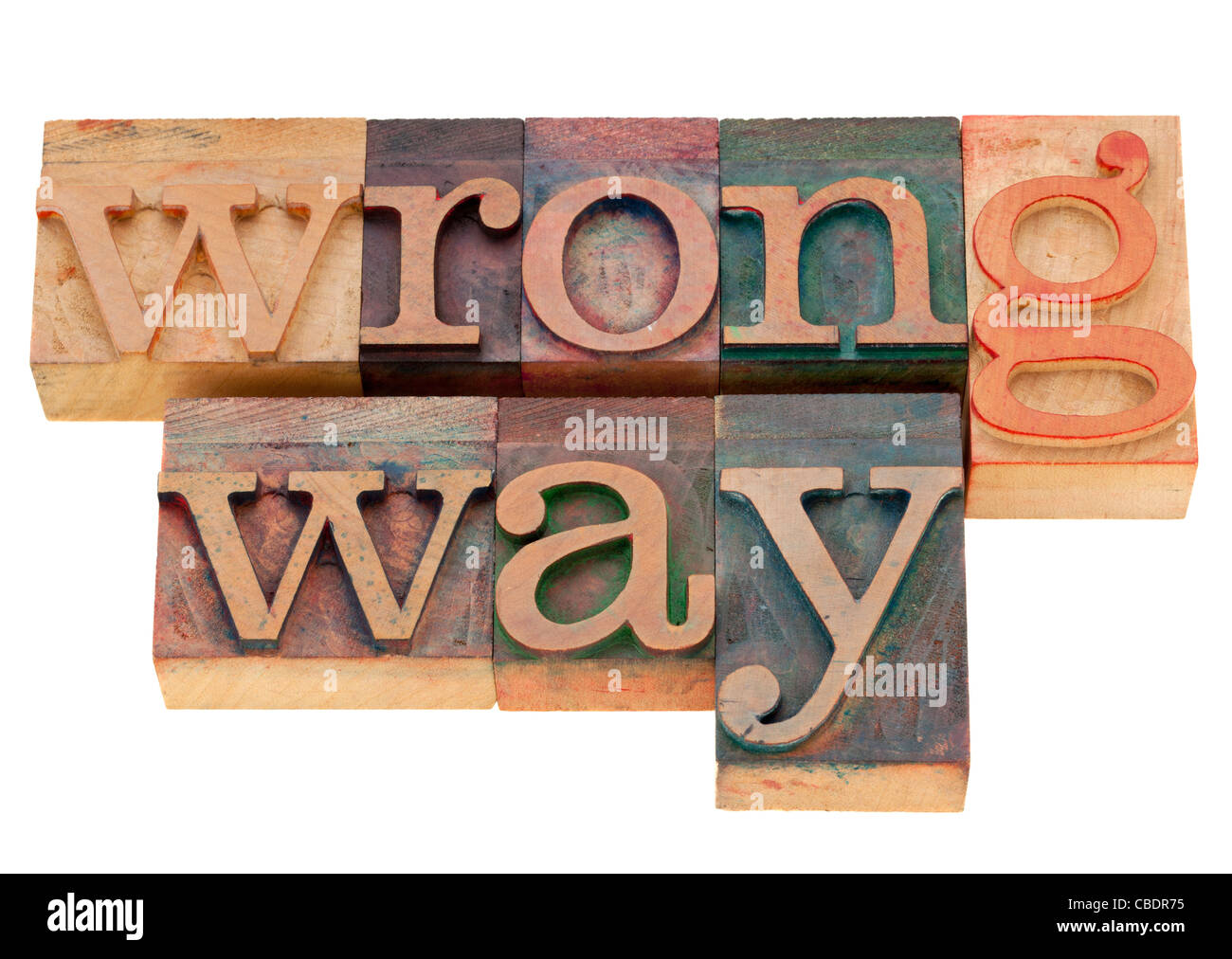 wrong way - isolated words in vintage wood letterpress printing blocks ...