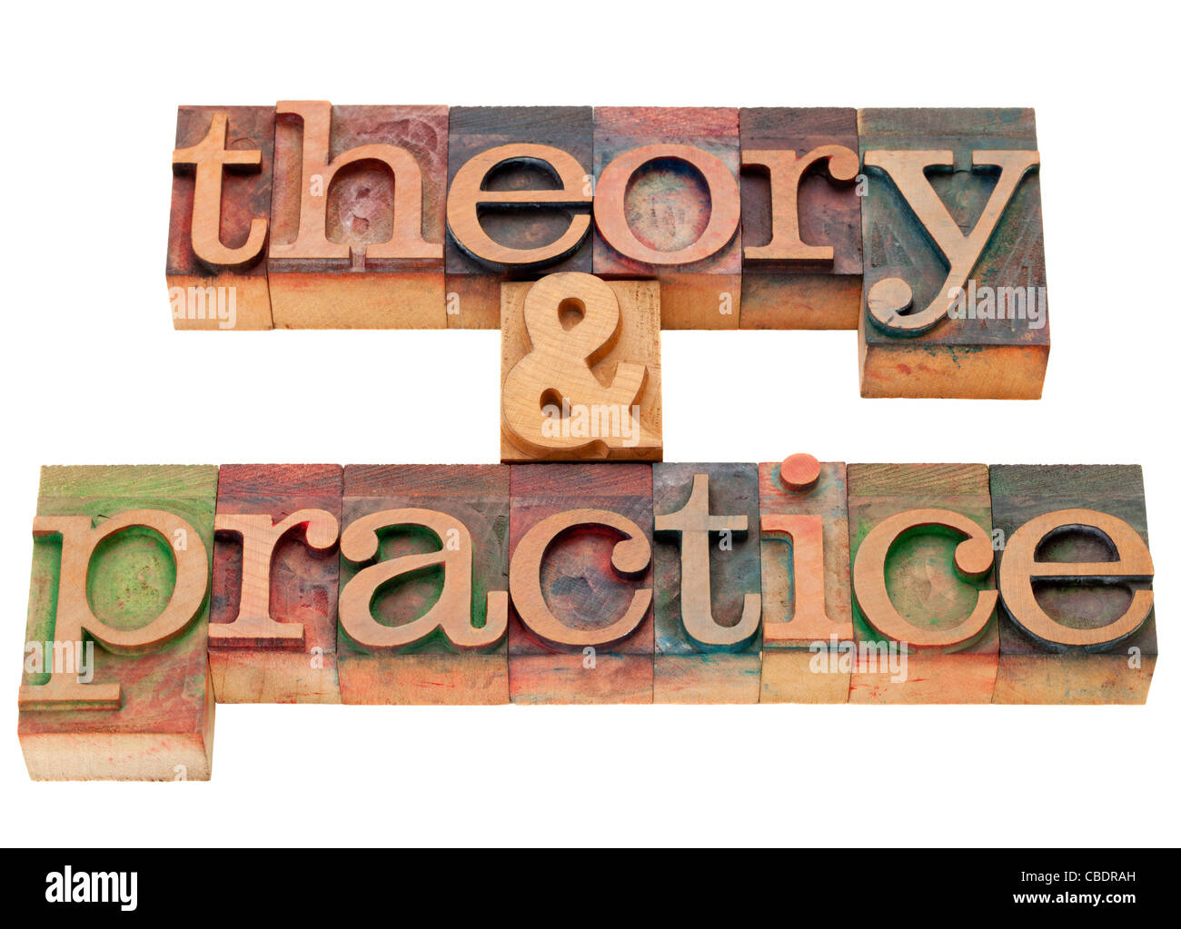theory and practice - isolated words in vintage wood letterpress ...