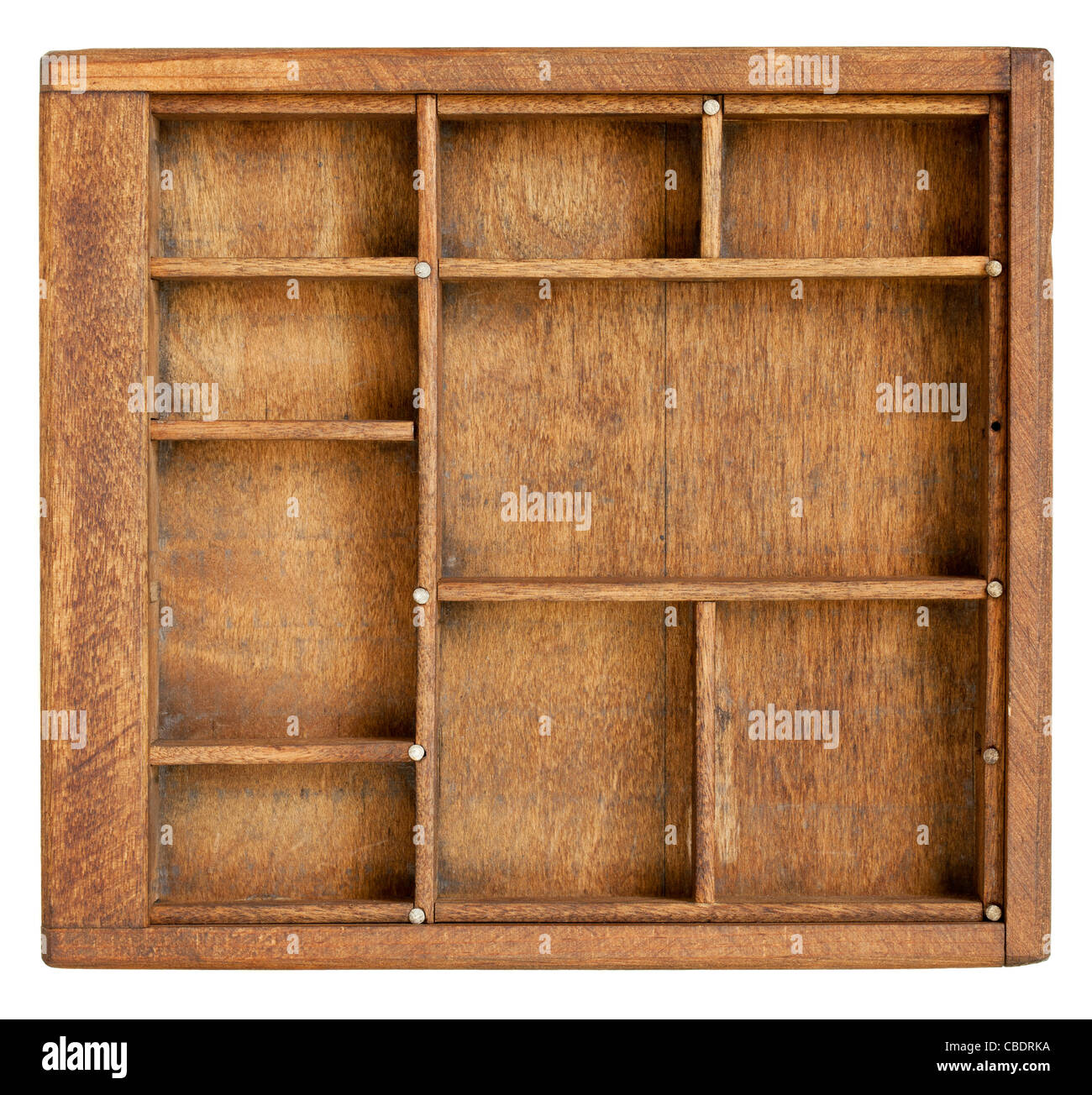 small vintage wood case (typesetter drawer) with dividers, isolated on ...