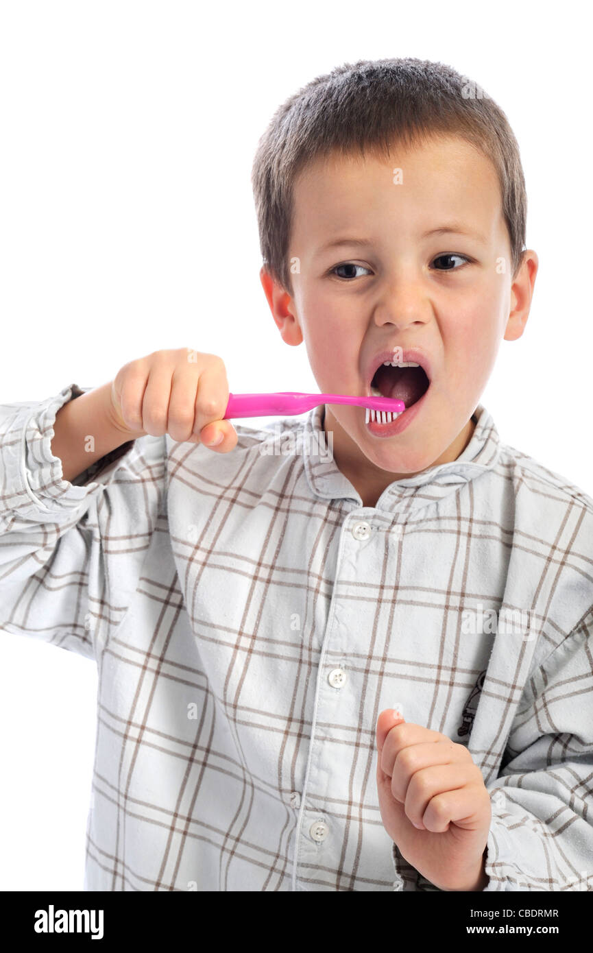 little boy cleaning his teeth. On white background Stock Photo - Alamy