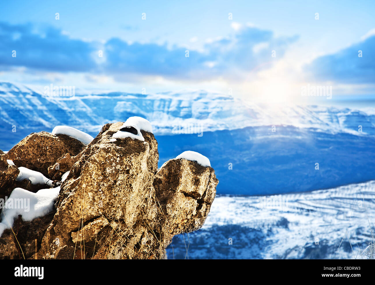 Beautiful winter mountains landscape, bright sunrise in cold weather ...