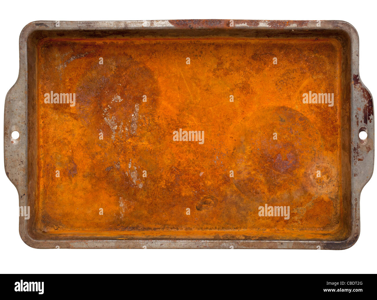 rusty grunge metal tray with rough texture isolated on white with ...
