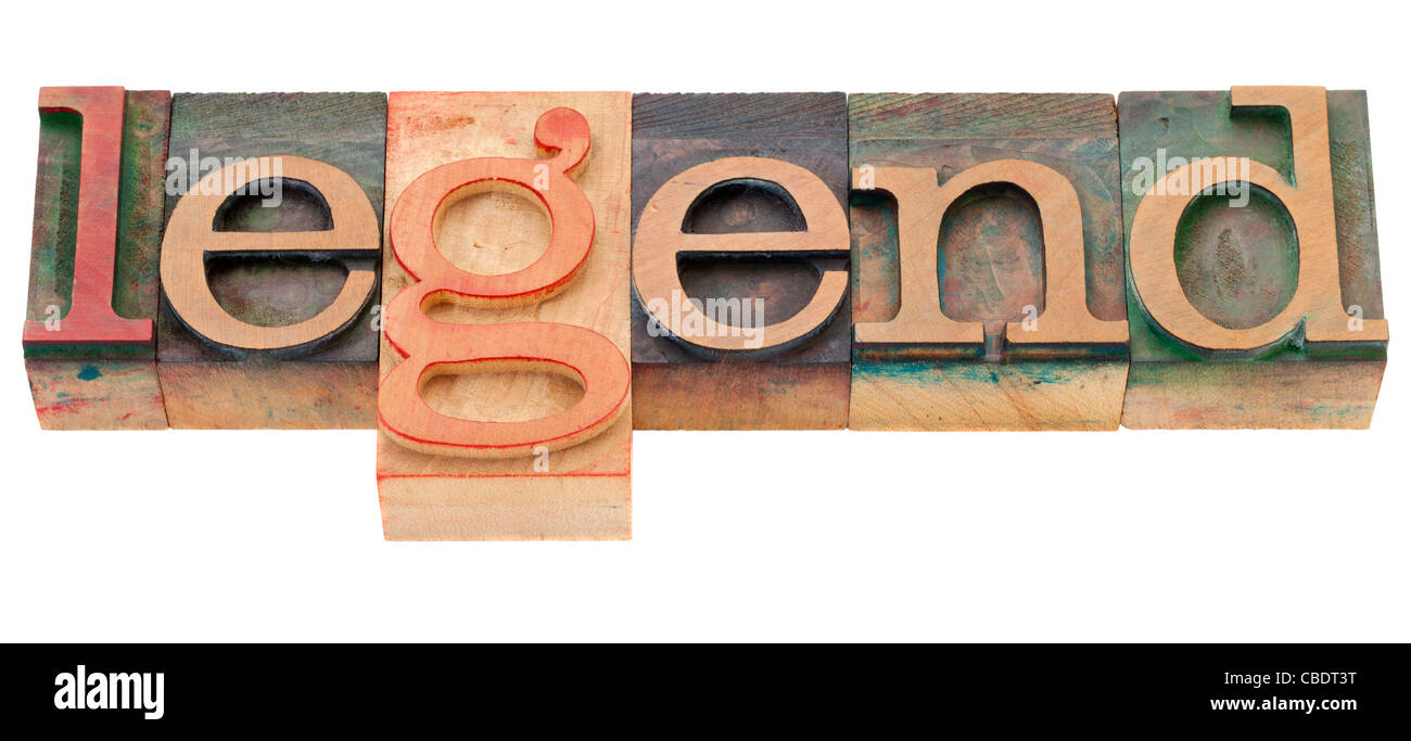 vintage wood printing blocks spelling word legend, isolated on white ...