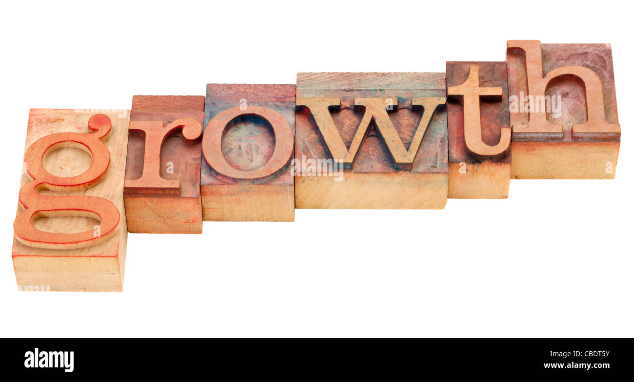 growth isolated word in vintage wood letterpress printing blocks Stock ...