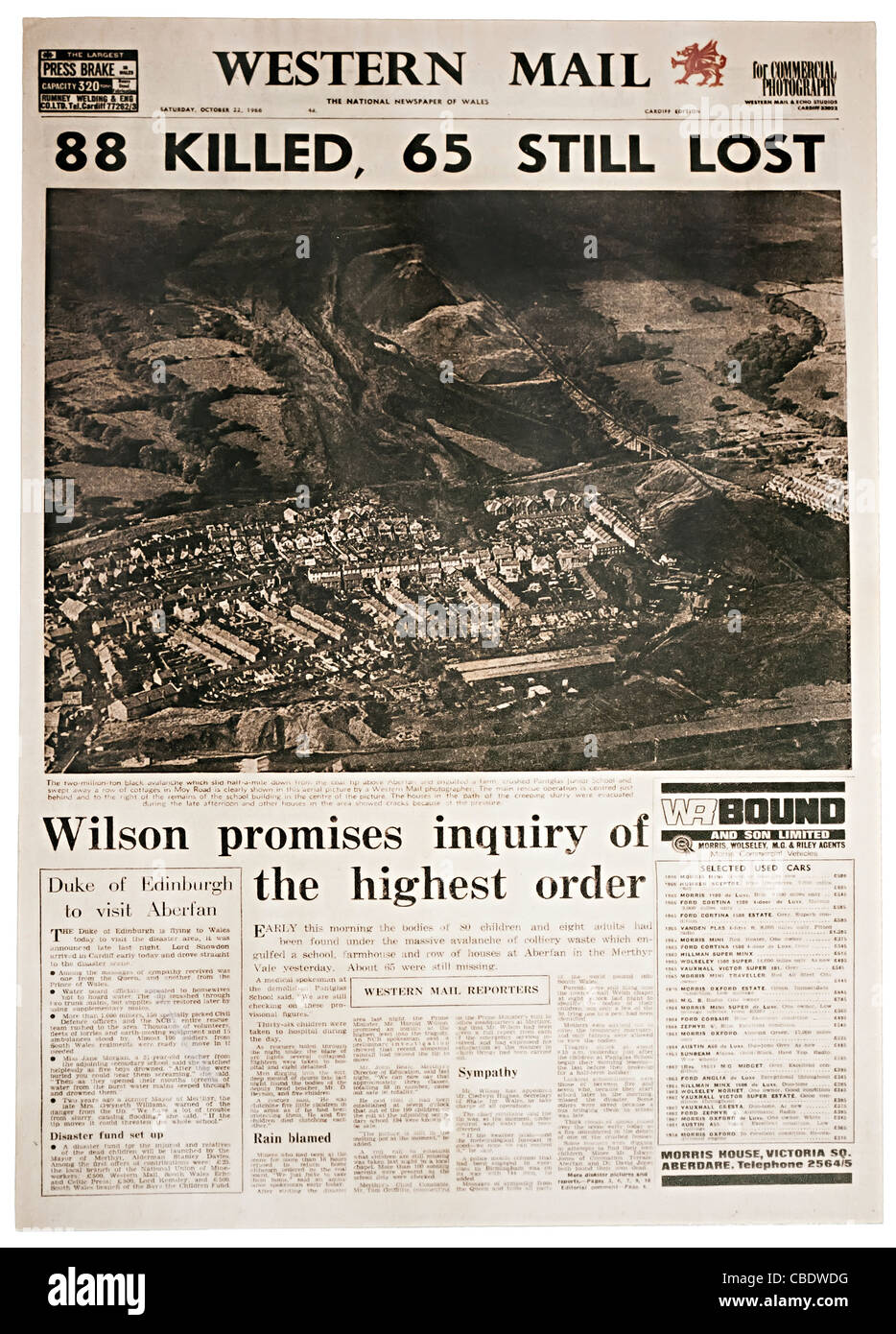 Newspaper front page for Aberfan disaster 22 October 1966 Wales UK ...