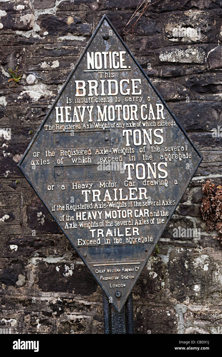Old sign on bridge over Brecon and Abergavenny canal warning of weight ...