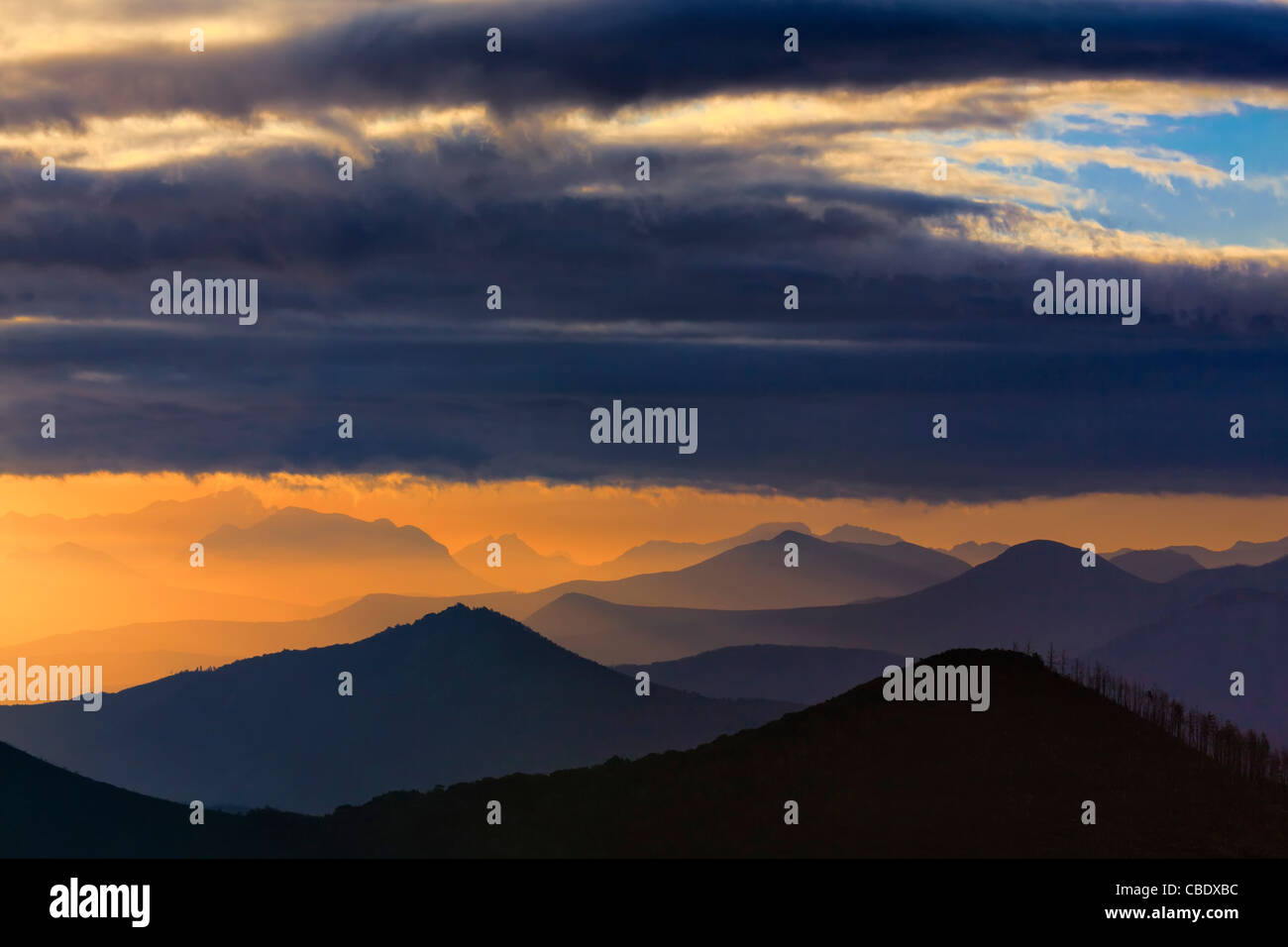 Sunset seen from Spitzkop in the Prince Alfred Pass near Knysna in the ...