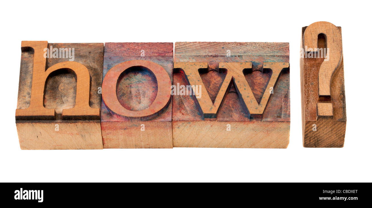 how question in vintage wooden letterpress printing blocks, stained by ...