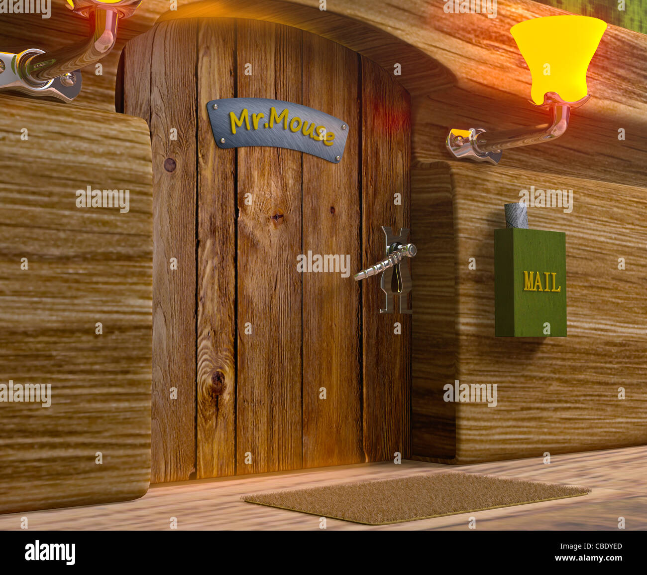 Zoomed view on mister mouse home wooden door Stock Photo - Alamy