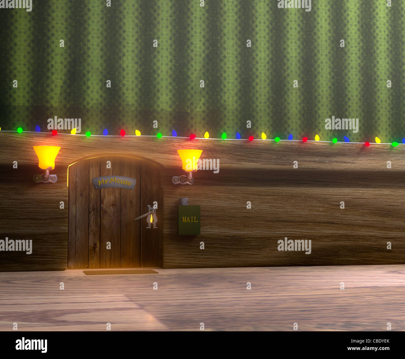 Decorated mister mouse home wooden door and lamps Stock Photo - Alamy