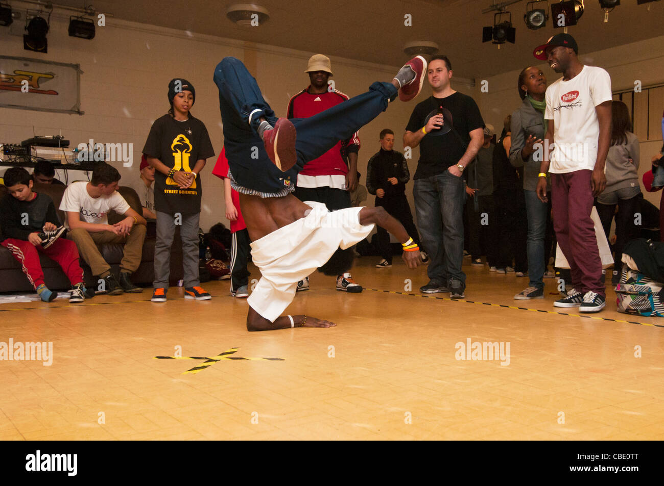 A young breakdancer battling in 'breakfast 2011' in Birmingham Stock ...